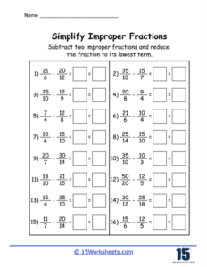 Simplifying Improper Fractions Worksheets | Reduce - 15 Worksheets.com