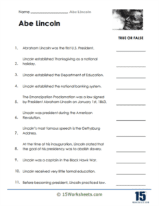 Abe Lincoln Worksheets