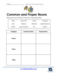 Common and Proper Nouns Worksheets | Grammar Exercises - 15 Worksheets.com