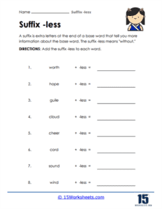 Suffix -less Worksheets | Negative Word Forms - 15 Worksheets.com