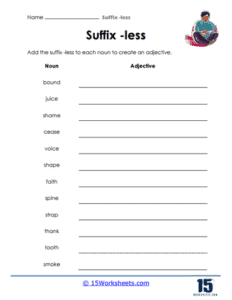 Suffix -less Worksheets | Negative Word Forms - 15 Worksheets.com