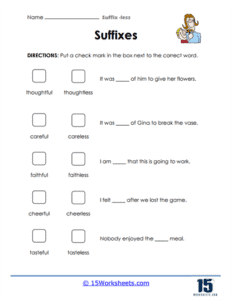 Suffix -less Worksheets | Negative Word Forms - 15 Worksheets.com