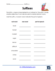 Suffix -y Worksheets | Transform Nouns Into Verbs - 15 Worksheets.com
