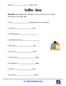 Suffix -less Worksheets | Negative Word Forms - 15 Worksheets.com