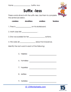 Suffix -less Worksheets | Negative Word Forms - 15 Worksheets.com