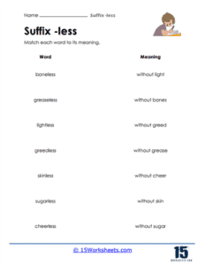 Suffix -less Worksheets | Negative Word Forms - 15 Worksheets.com