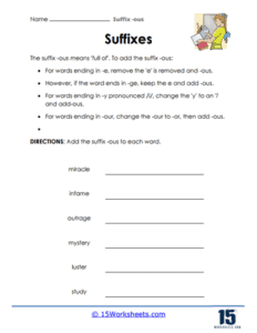 Suffix -ous Worksheets | Nouns Into Adjectives - 15 Worksheets.com