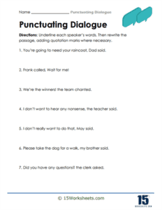 Punctuating Dialogue Worksheets | Formatting Practice - 15 Worksheets.com