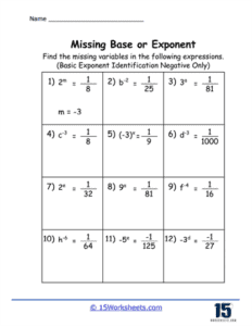 Missing Base or Exponent Worksheets - 15 Worksheets.com
