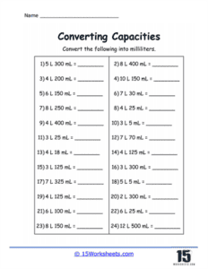 Converting Metric Units of Capacity Worksheets - 15 Worksheets.com
