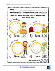 Drawing Hands on the Clock Worksheets | Clock Faces - 15 Worksheets.com
