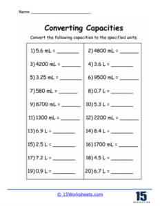 Converting Metric Units of Capacity Worksheets - 15 Worksheets.com