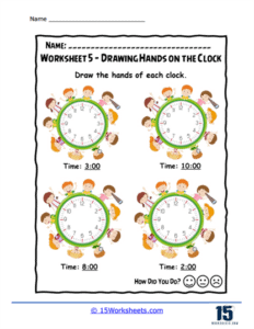 Drawing Hands on the Clock Worksheets | Clock Faces - 15 Worksheets.com
