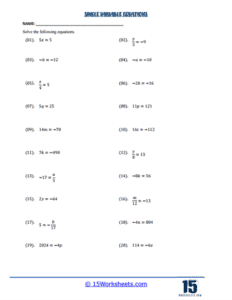Single Variable Equations Worksheets - 15 Worksheets.com