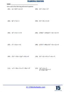 Polynomial Equations Worksheets | Algebra Helpers - 15 Worksheets.com
