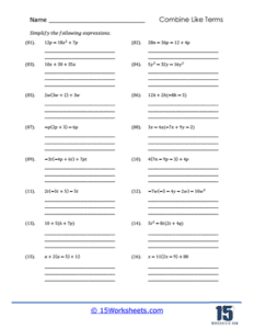 Combining Like Terms Worksheets - 15 Worksheets.com