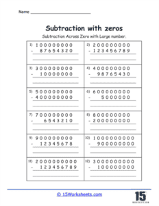Subtraction with Zeroes Worksheets - 15 Worksheets.com