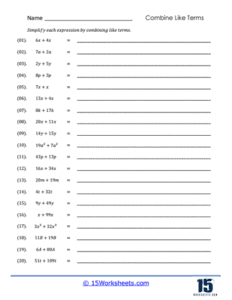 Combining Like Terms Worksheets - 15 Worksheets.com