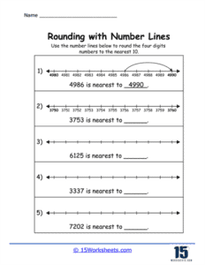 Round Using Number Lines Worksheets | Visual Rounding - 15 Worksheets.com