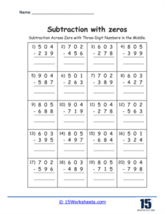 Subtraction with Zeroes Worksheets - 15 Worksheets.com