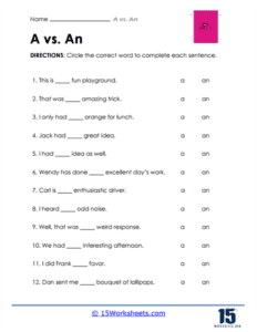 A vs. An Worksheets | Indefinite Article Usage - 15 Worksheets.com