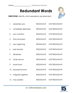 Redundant Words Worksheets | Concise Grammar Practice - 15 Worksheets.com