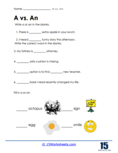 A vs. An Worksheets | Indefinite Article Usage - 15 Worksheets.com