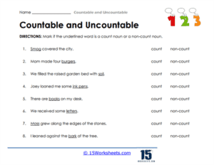 Countable And Uncountable Nouns Worksheets | Noun Usage - 15 Worksheets.com