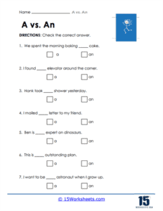 A vs. An Worksheets | Indefinite Article Usage - 15 Worksheets.com