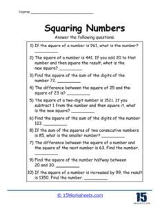 Squaring Numbers Worksheets | Algebraic Number Sense - 15 Worksheets.com
