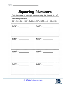 Squaring Numbers Worksheets | Algebraic Number Sense - 15 Worksheets.com