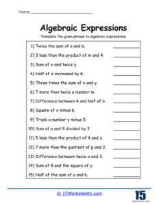 Algebraic Expressions Worksheets - 15 Worksheets.com