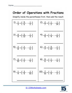Order of Operations with Fractions Worksheets - 15 Worksheets.com