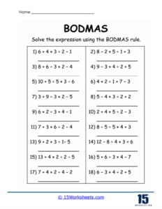 BODMAS Worksheets - 15 Worksheets.com