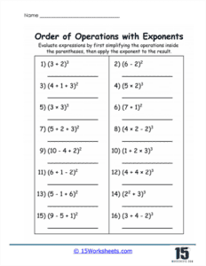 Order of Operations with Exponents Worksheets - 15 Worksheets.com