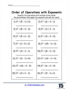 Order of Operations with Exponents Worksheets - 15 Worksheets.com