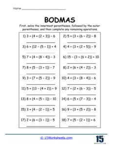 BODMAS Worksheets - 15 Worksheets.com