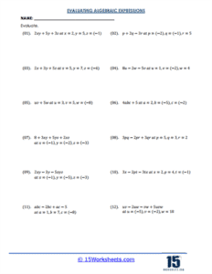 Evaluating Algebraic Expressions Worksheets - 15 Worksheets.com