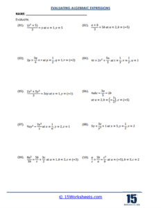 Evaluating Algebraic Expressions Worksheets - 15 Worksheets.com