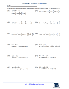 Evaluating Algebraic Expressions Worksheets - 15 Worksheets.com