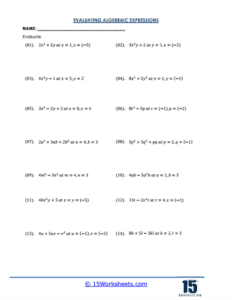 Evaluating Algebraic Expressions Worksheets - 15 Worksheets.com