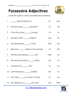Possessive Adjectives Worksheets | Expressing Ownership - 15 Worksheets.com