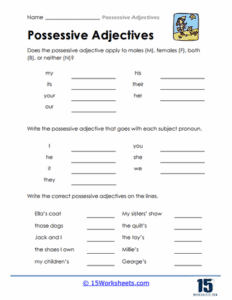 Possessive Adjectives Worksheets | Expressing Ownership - 15 Worksheets.com