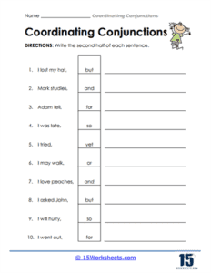 Coordinating Conjunctions Worksheets | Connective Words - 15 Worksheets.com