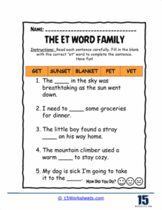 Et Word Family Worksheets - 15 Worksheets.com