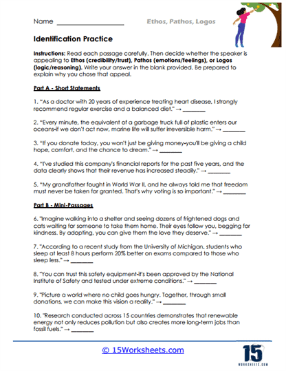 Ethos, Pathos, Logos Worksheets | Persuasion Skills - 15 Worksheets.com