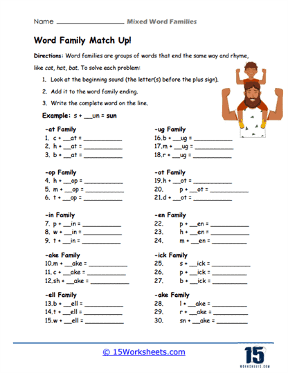 Mixed Word Family Review Worksheets | Phonics Practice - 15 Worksheets.com
