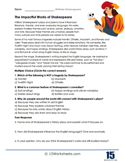 William Shakespeare Worksheets | Life and Works - 15 Worksheets.com