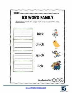 Ick Word Family Worksheets | Phonics Practice Kit - 15 Worksheets.com