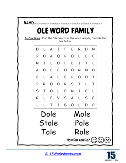 Ole Word Family Worksheets | Long O Activities - 15 Worksheets.com